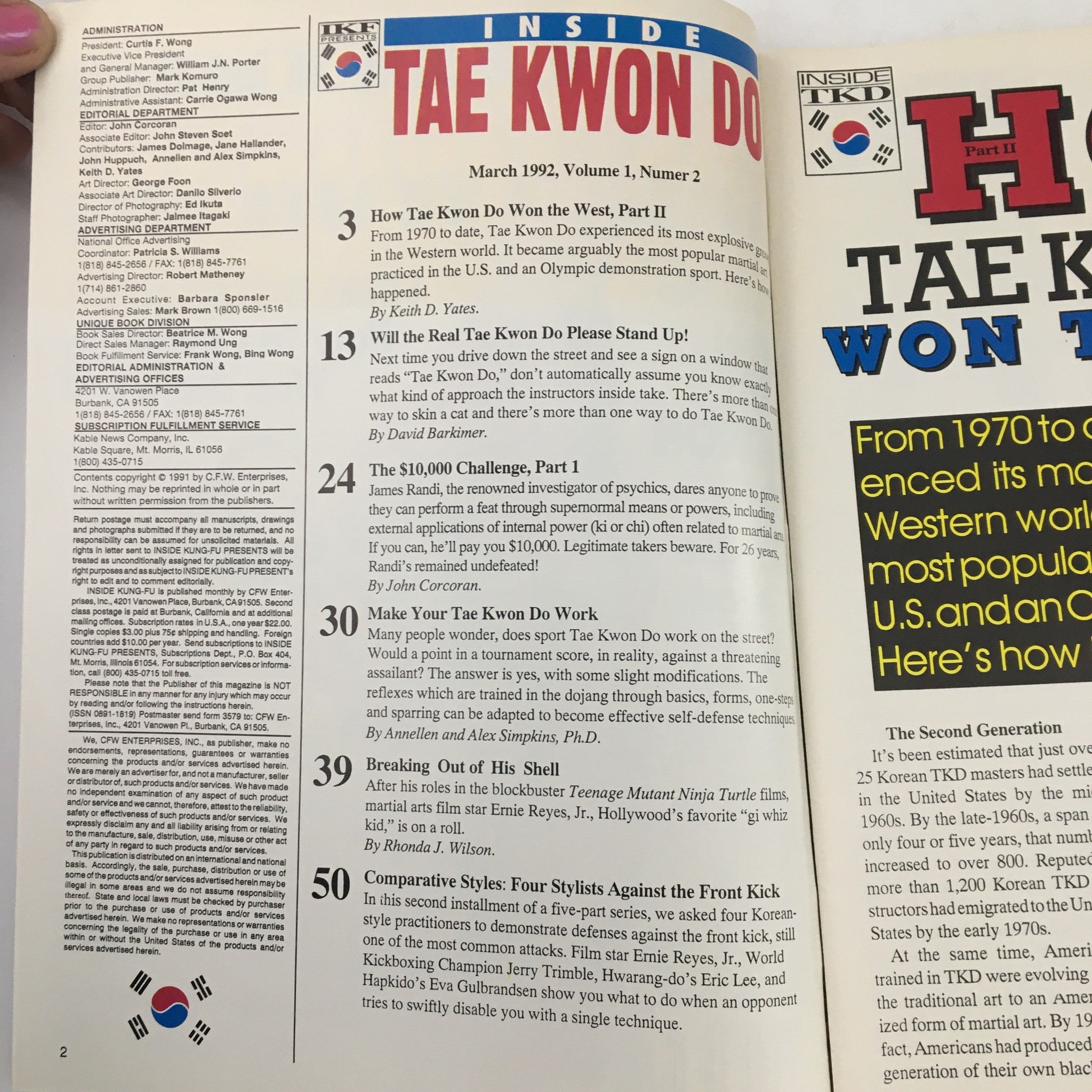 Inside Tae kwon do Magazine March 1992 Vol 1 #2 Turtle Shell Ernie Rey